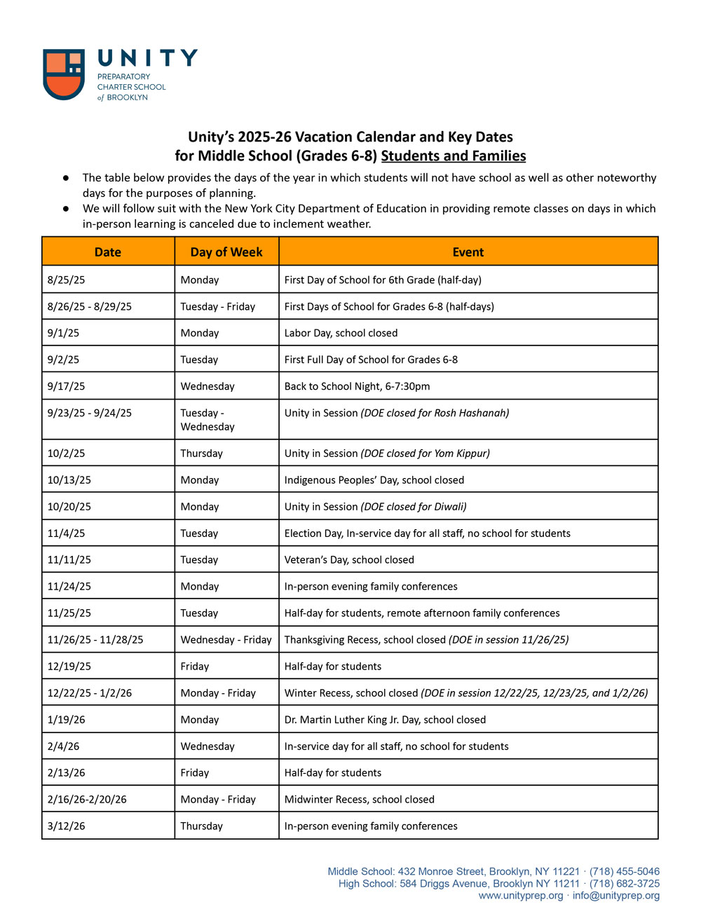 Calendar - Unity Preparatory Charter School of Brooklyn